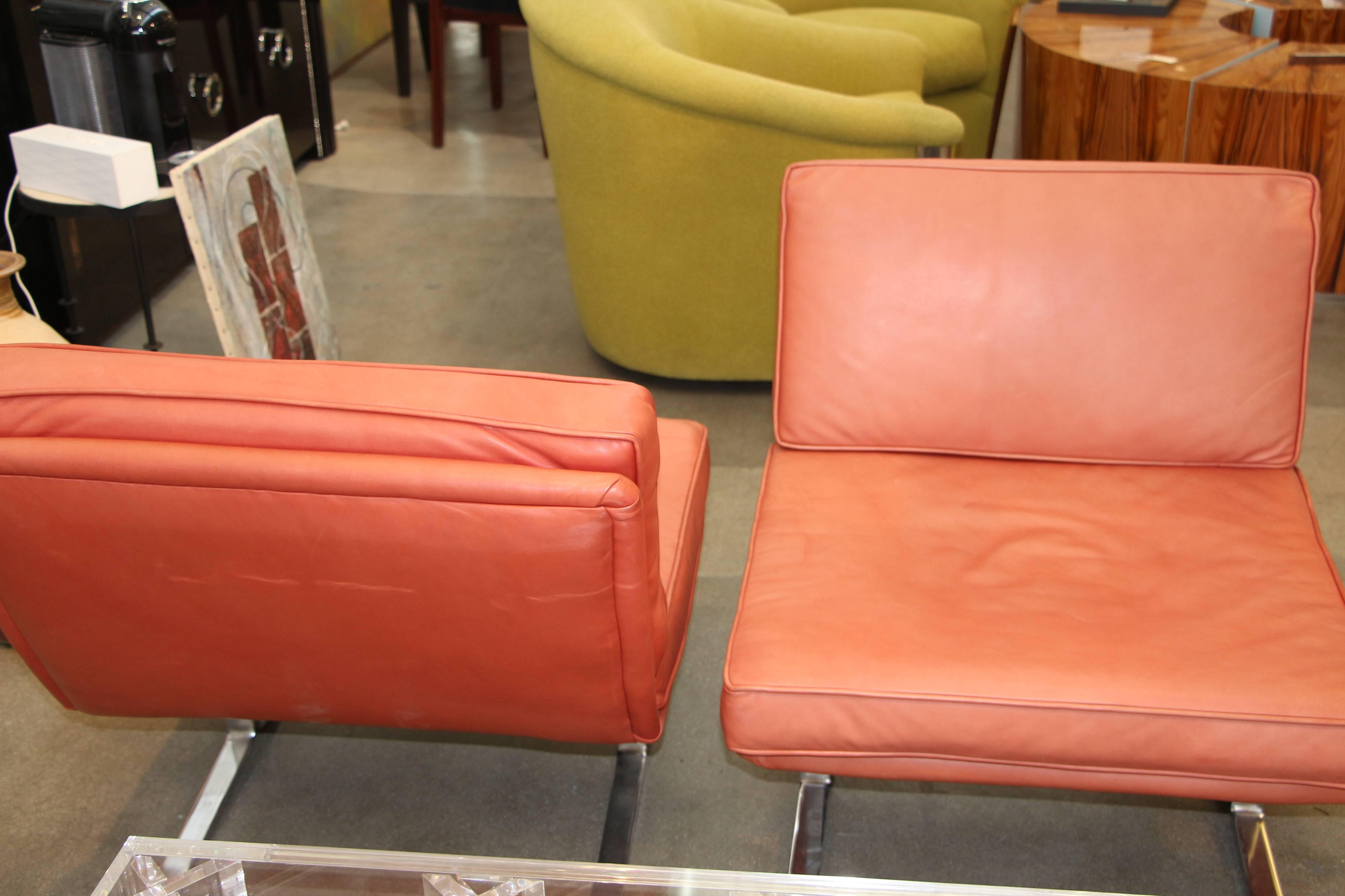 Salmon Colored Leather and Chrome Pair of Chairs at 1stDibs