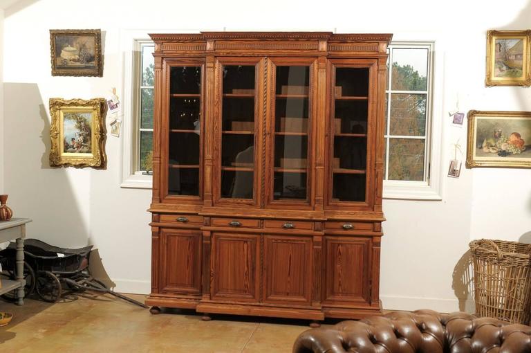 French Pitch Pine Glass Doors Breakfront Bookcase from the Turn of the ...