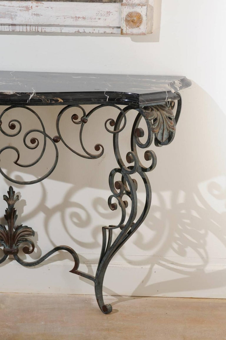 French 1920s Wrought-Iron Console Table with Curvy Base and Black ...
