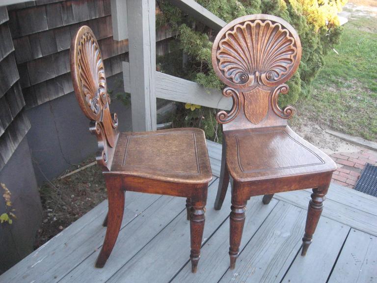 Pair of 19th Century English Oak Shell Back Hall Chairs at 1stDibs