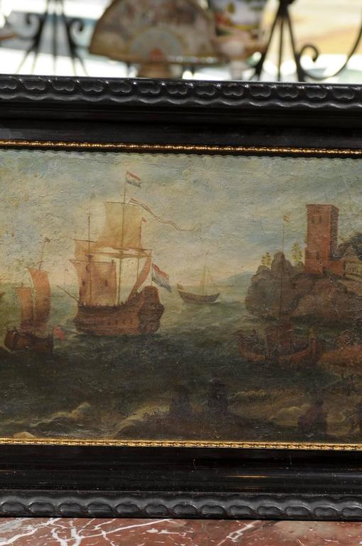 Mid-17th Century Oil on Canvas Seascape of Dutch Sailboats in Black ...