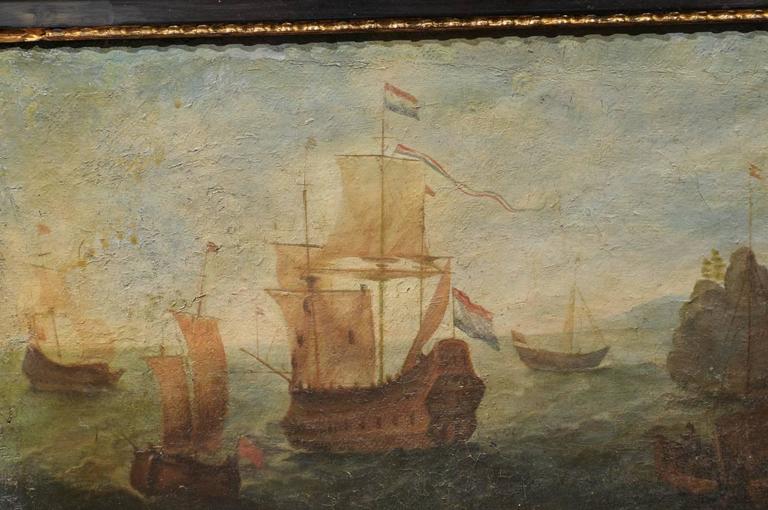 Mid-17th Century Oil on Canvas Seascape of Dutch Sailboats in Black ...
