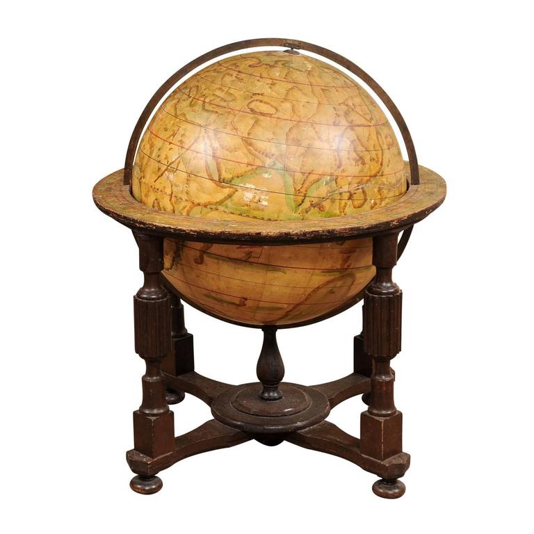 19th Century Globe on Wooden Stand with Fluted Turned Columns and Cross ...