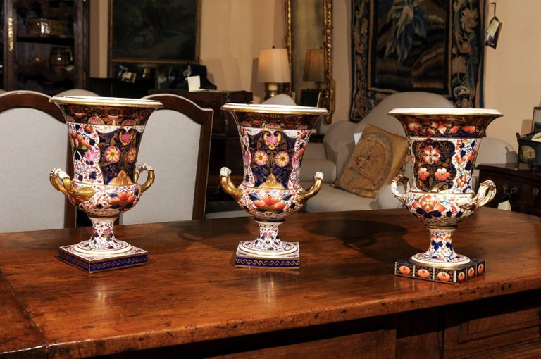 Set of 3 Large Derby Urns, England 19th Century For Sale at 1stDibs