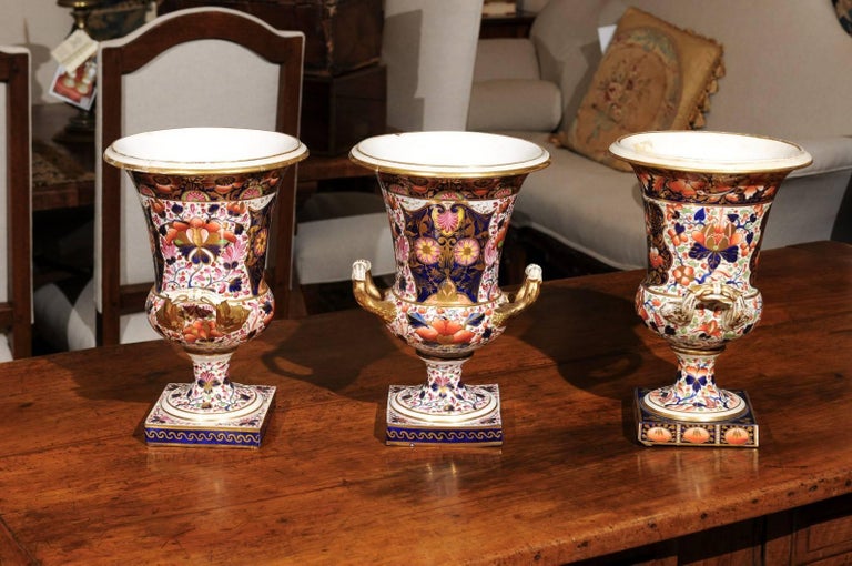 Set of 3 Large Derby Urns, England 19th Century For Sale at 1stDibs