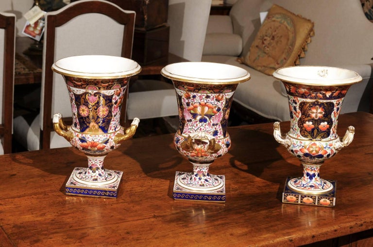 Set of 3 Large Derby Urns, England 19th Century For Sale at 1stDibs