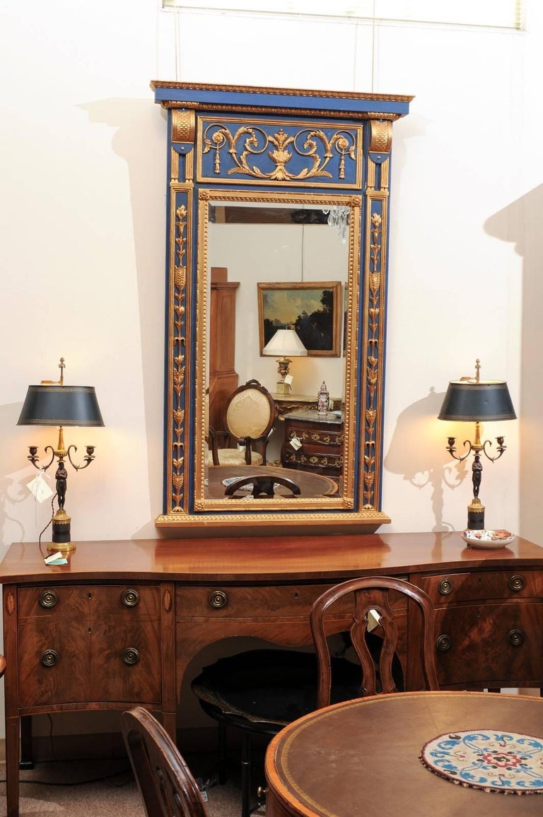 Louis XVI Style Blue Painted and Parcel Gilt Trumeau Mirror, Handmade ...