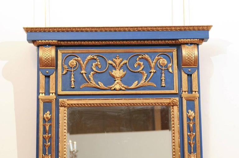 Louis XVI Style Blue Painted and Parcel Gilt Trumeau Mirror, Handmade ...