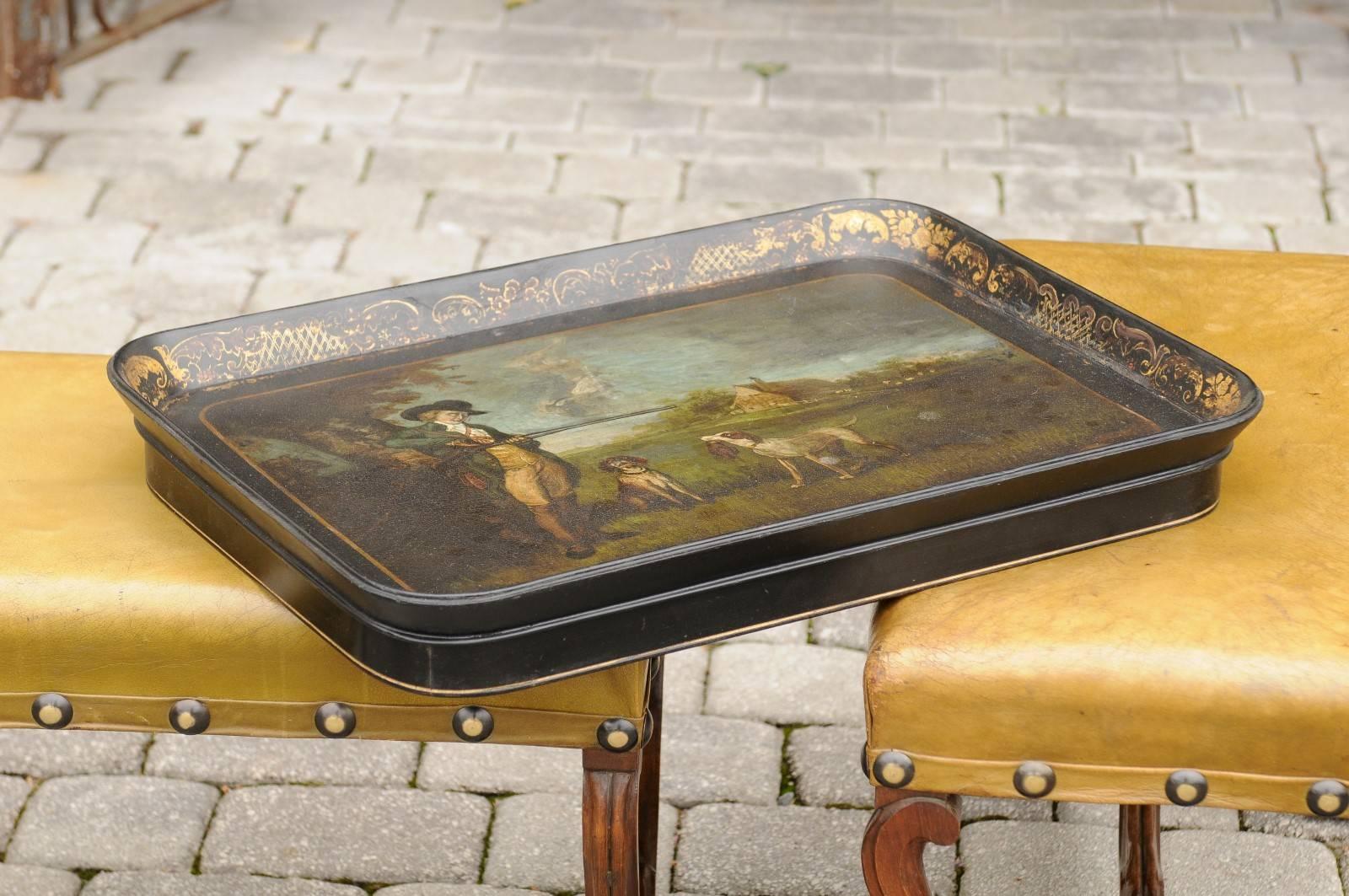 English Painted Wood Tray with Hunter and Dogs from the Mid-19th ...