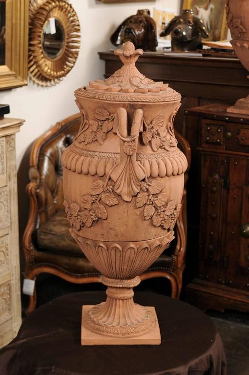 Pair of 1930s Oversized Vintage French Terracotta Urns with Lid and ...