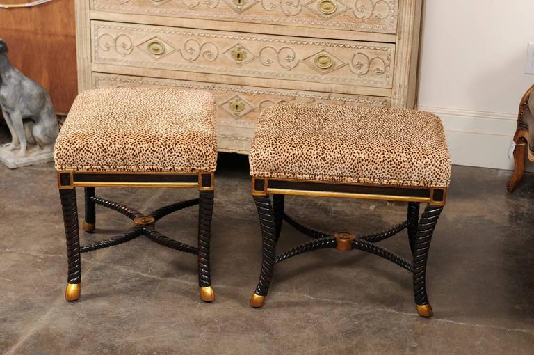 Pair of Italian 1970s Upholstered Stools with Ebonized Wood and Gilded ...