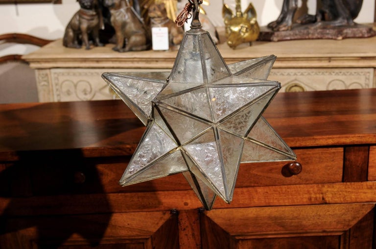 French Mid-Century Star Light Pendant with Metal Frame and Etched Glass ...