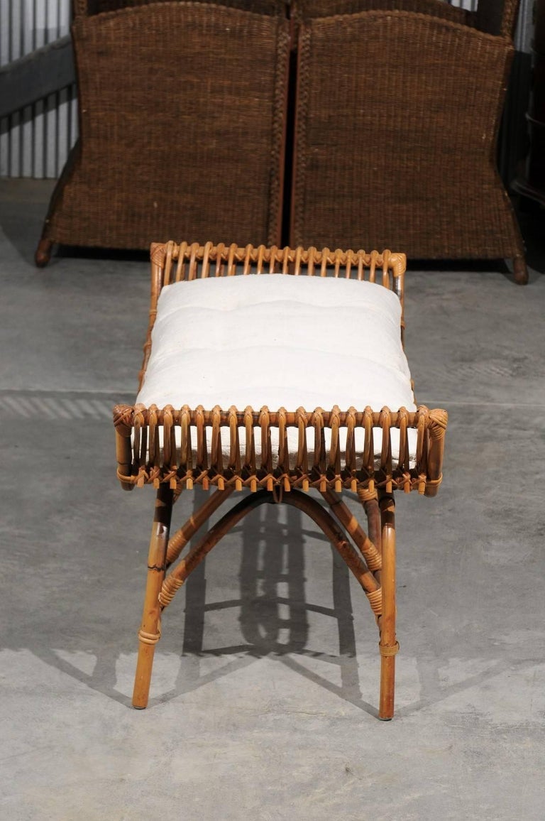 French Midcentury Rattan 1950s Bench with Linen Custom-Made Cushion at ...