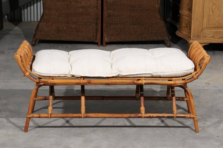 French Midcentury Rattan 1950s Bench with Linen Custom-Made Cushion at ...