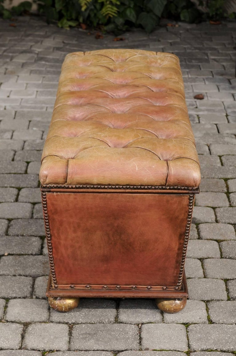 English Tufted Leather Ottoman with Giltwood Frame and Storage, circa ...