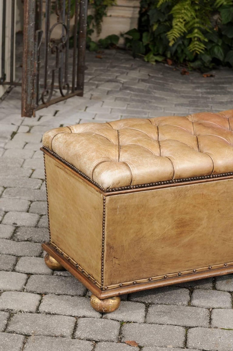 English Tufted Leather Ottoman with Giltwood Frame and Storage, circa ...