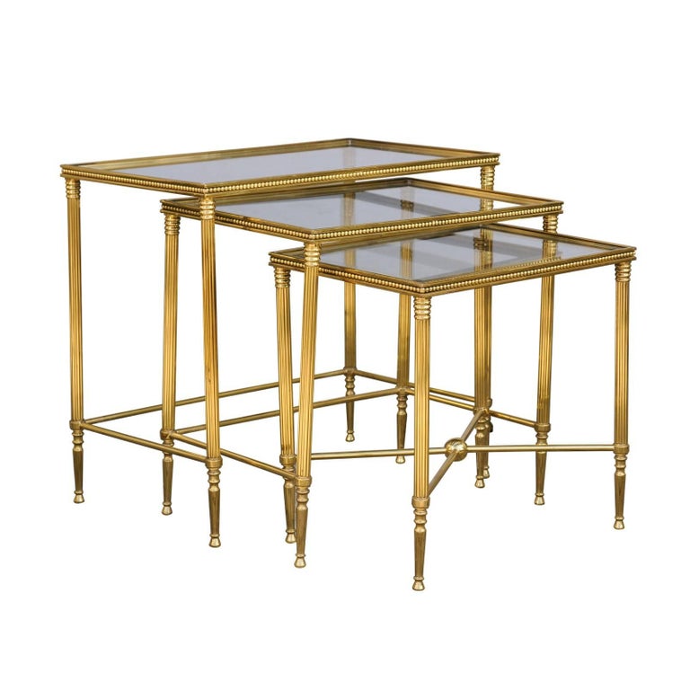 Set of Three 1950s French Brass and Glass Nesting Tables with Beaded ...