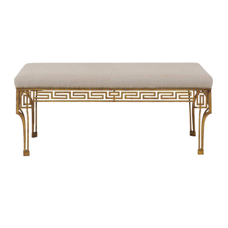 French Vintage 1940s Gilt-Iron Upholstered Bench with Greek Key Themed ...