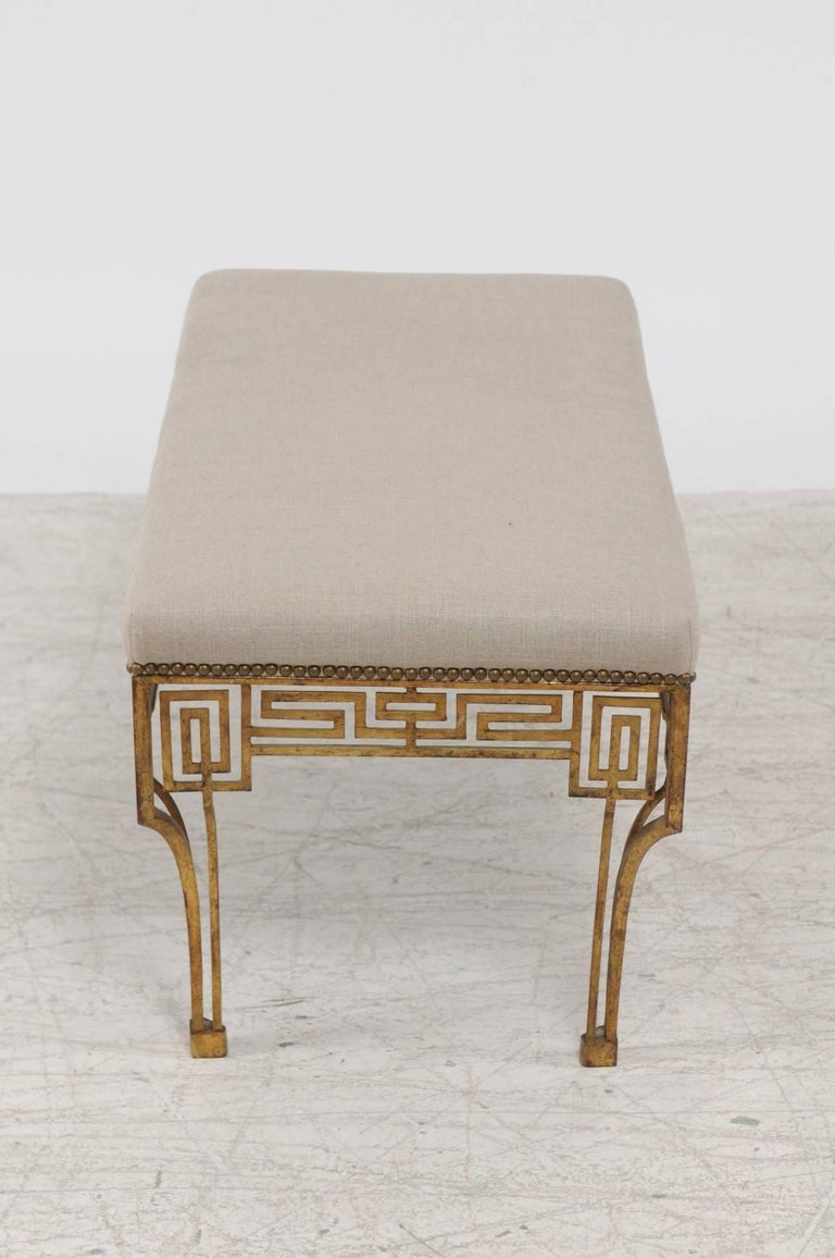 French Vintage 1940s Gilt-Iron Upholstered Bench with Greek Key Themed ...
