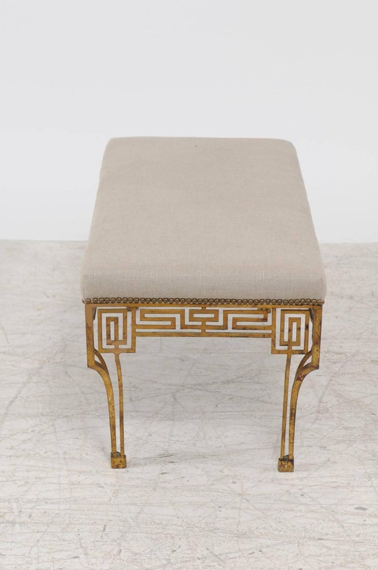 French Vintage 1940s Gilt-Iron Upholstered Bench with Greek Key Themed ...