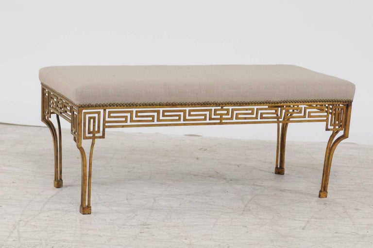French Vintage 1940s Gilt-Iron Upholstered Bench with Greek Key Themed ...