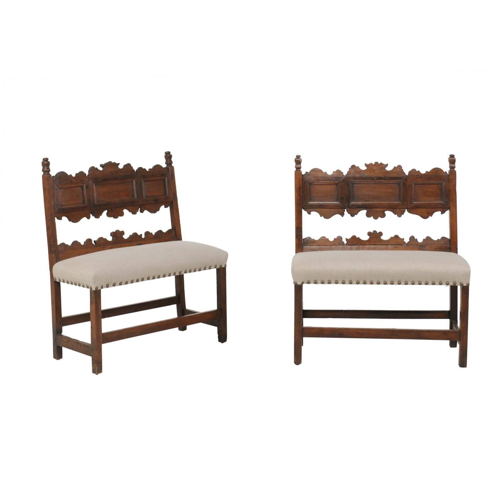 Pair of Italian 1820s Carved Walnut, Slanted Back Benches with New ...