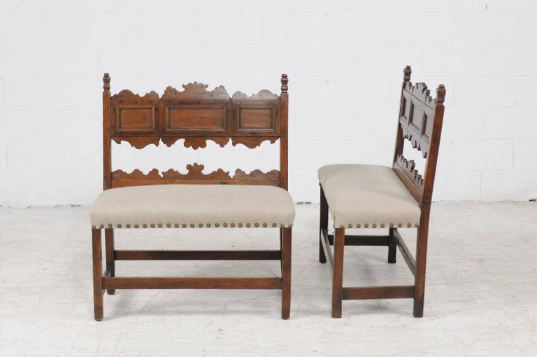 Pair of Italian 1820s Carved Walnut, Slanted Back Benches with New ...