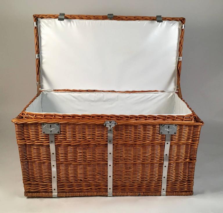 French Lined Wicker Trunk, Hamper or Coffee Table at 1stDibs