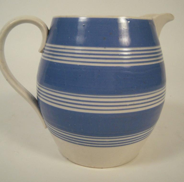 Large Blue and White Striped Mochaware Pitcher at 1stDibs