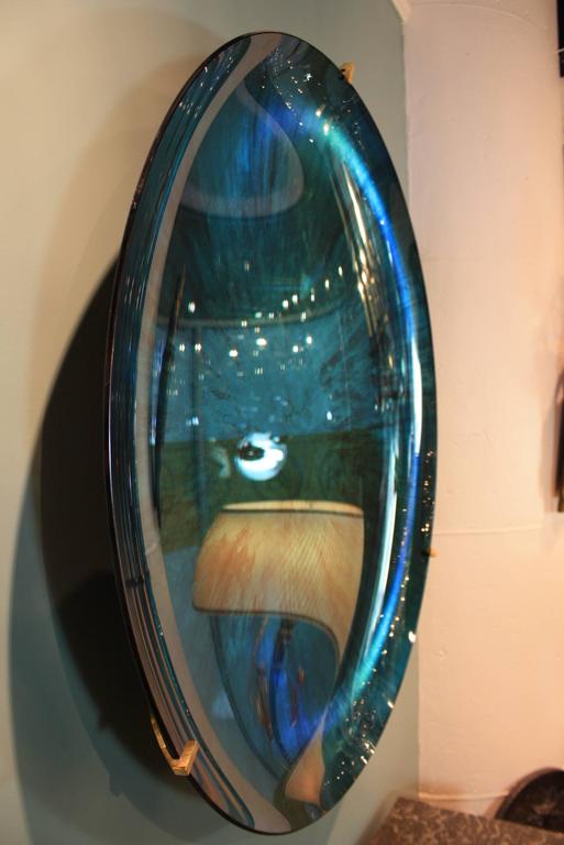 Stunning French Concave Art Glass Mirror with Brass Mount at 1stDibs