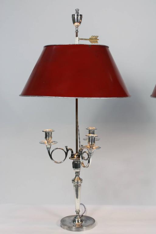 Pair of Silvered-Bronze Hunting Horn Candelabra Lamps For Sale at 1stDibs