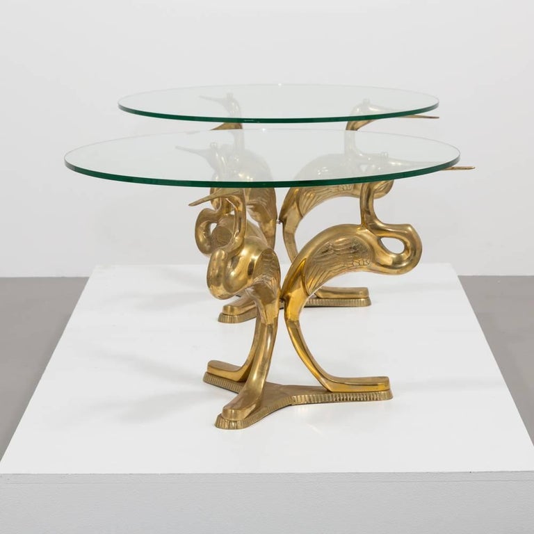 Pair of Chervet Style Brass Crane Side Tables, 1970s at 1stDibs