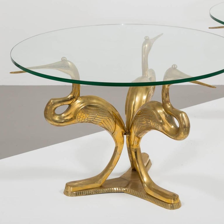 Pair of Chervet Style Brass Crane Side Tables, 1970s at 1stDibs