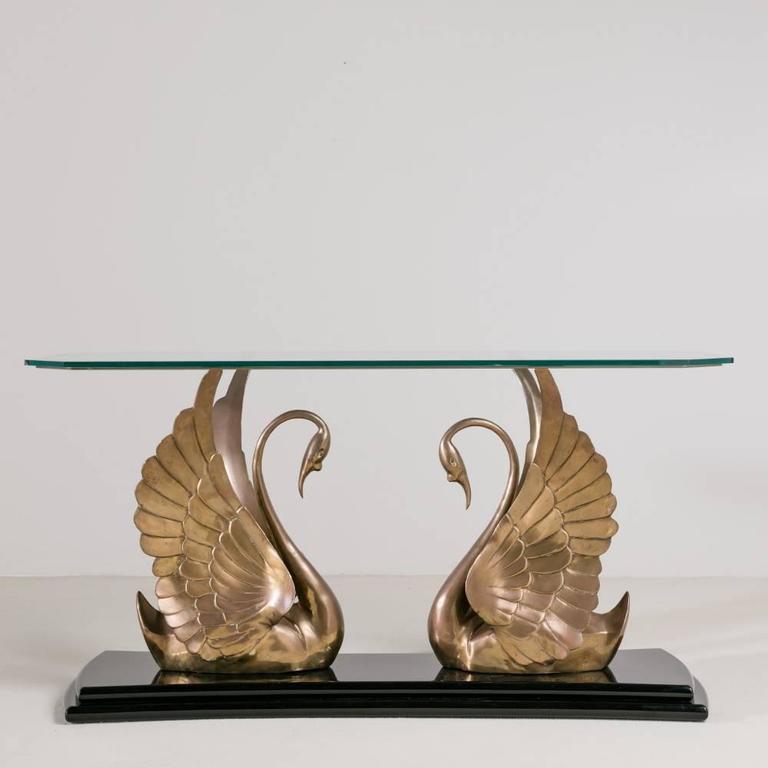 Jet Black Lacquer and Brass Swan Console Table, 1970s at 1stDibs