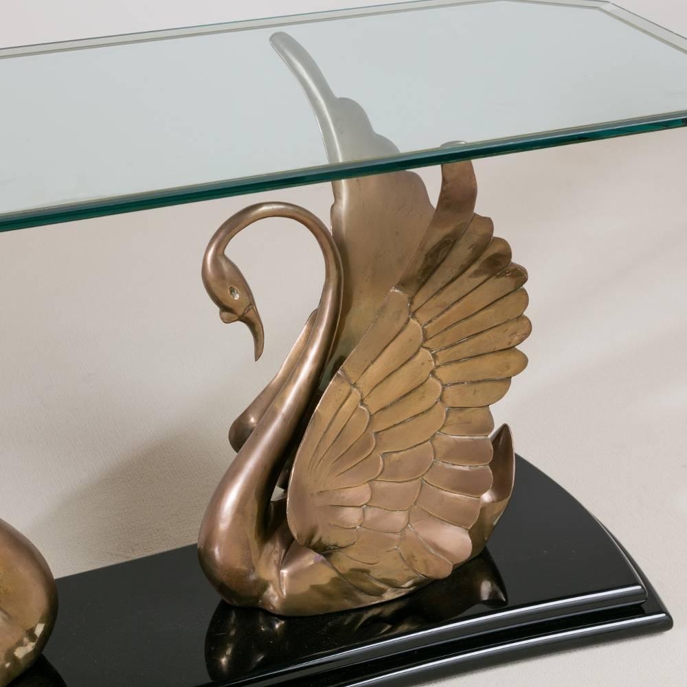 Jet Black Lacquer and Brass Swan Console Table, 1970s For Sale at 1stdibs