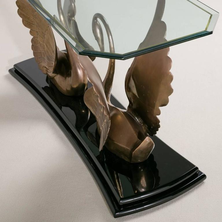 Jet Black Lacquer and Brass Swan Console Table, 1970s at 1stDibs
