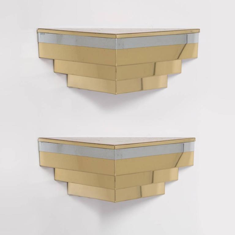 Pair of Chrome and Brass Floating Corner Shelves, 1980s at 1stDibs