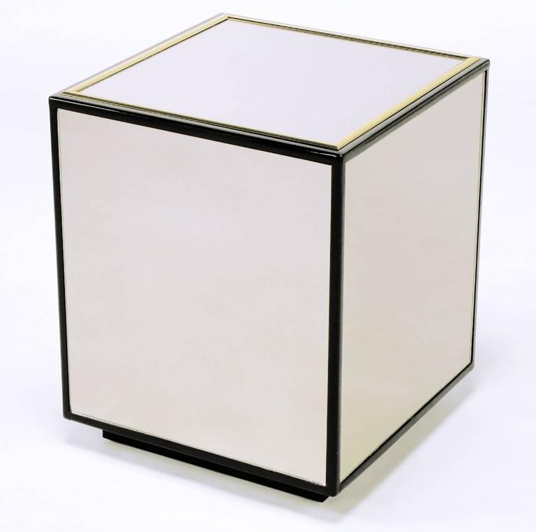 Pair of Henredon Black Lacquer and Brass Mirrored Cube Tables at 1stDibs