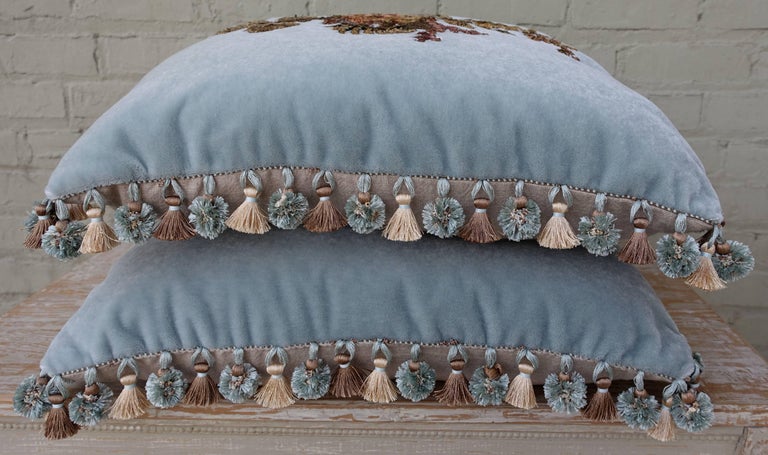 Light Blue Velvet Pillows with Floral Appliqué and Round Tassel Trim, A ...