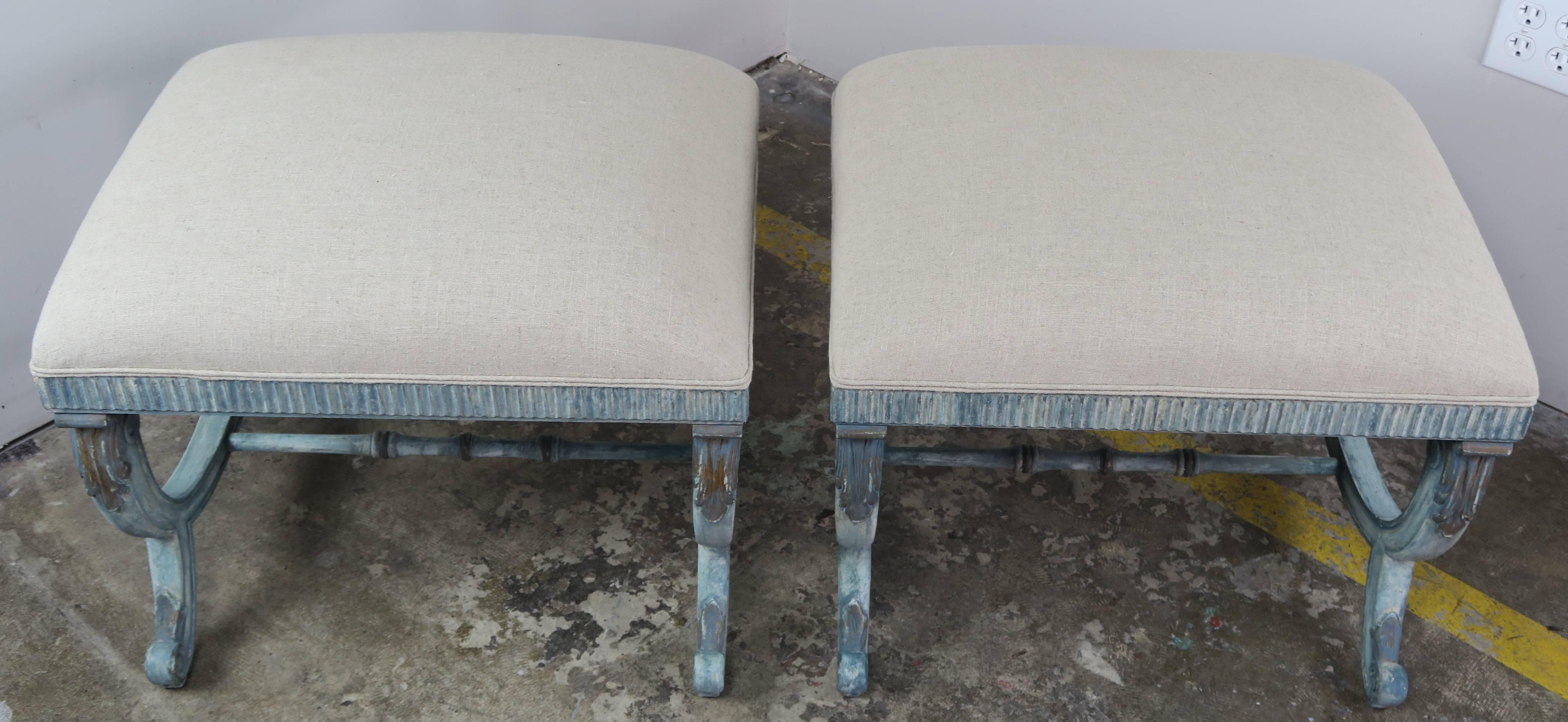 French Painted Blue Upholstered "X" Bench at 1stDibs | blue x bench