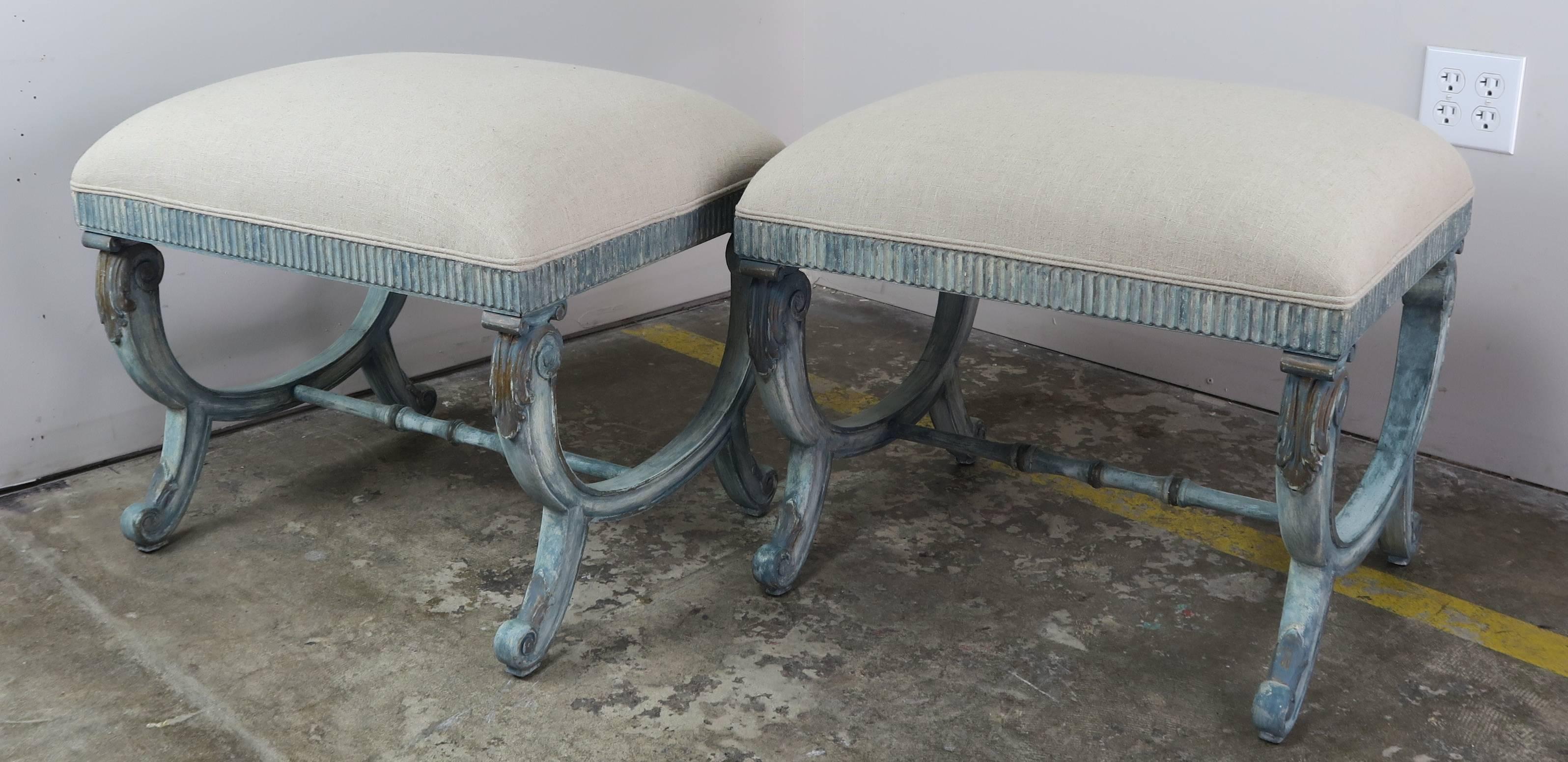 French Painted Blue Upholstered "X" Bench at 1stDibs | blue x bench