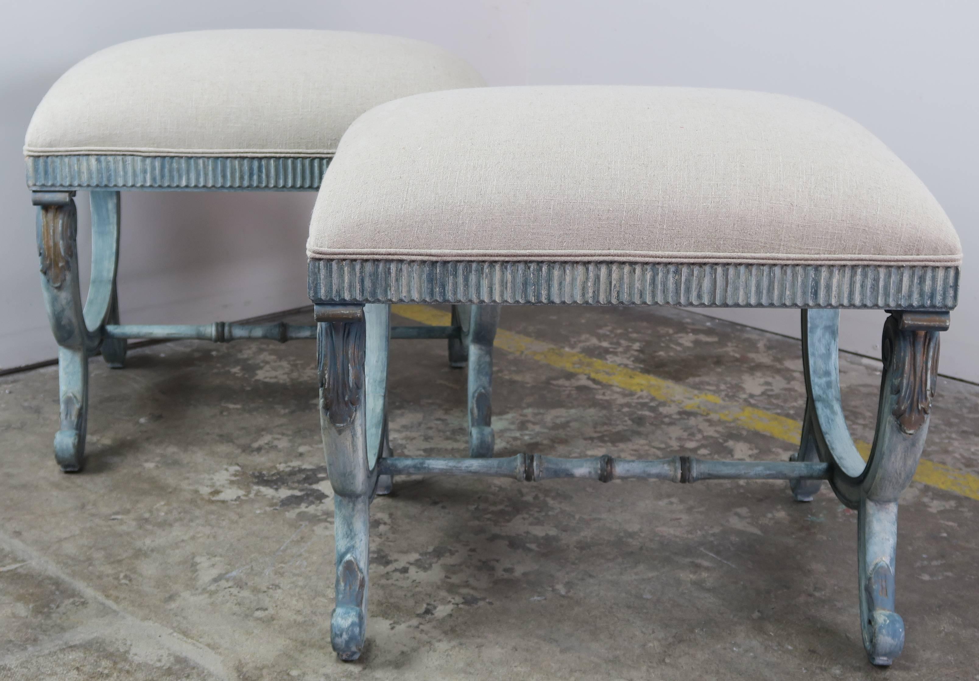 French Painted Blue Upholstered "X" Bench at 1stDibs | blue x bench