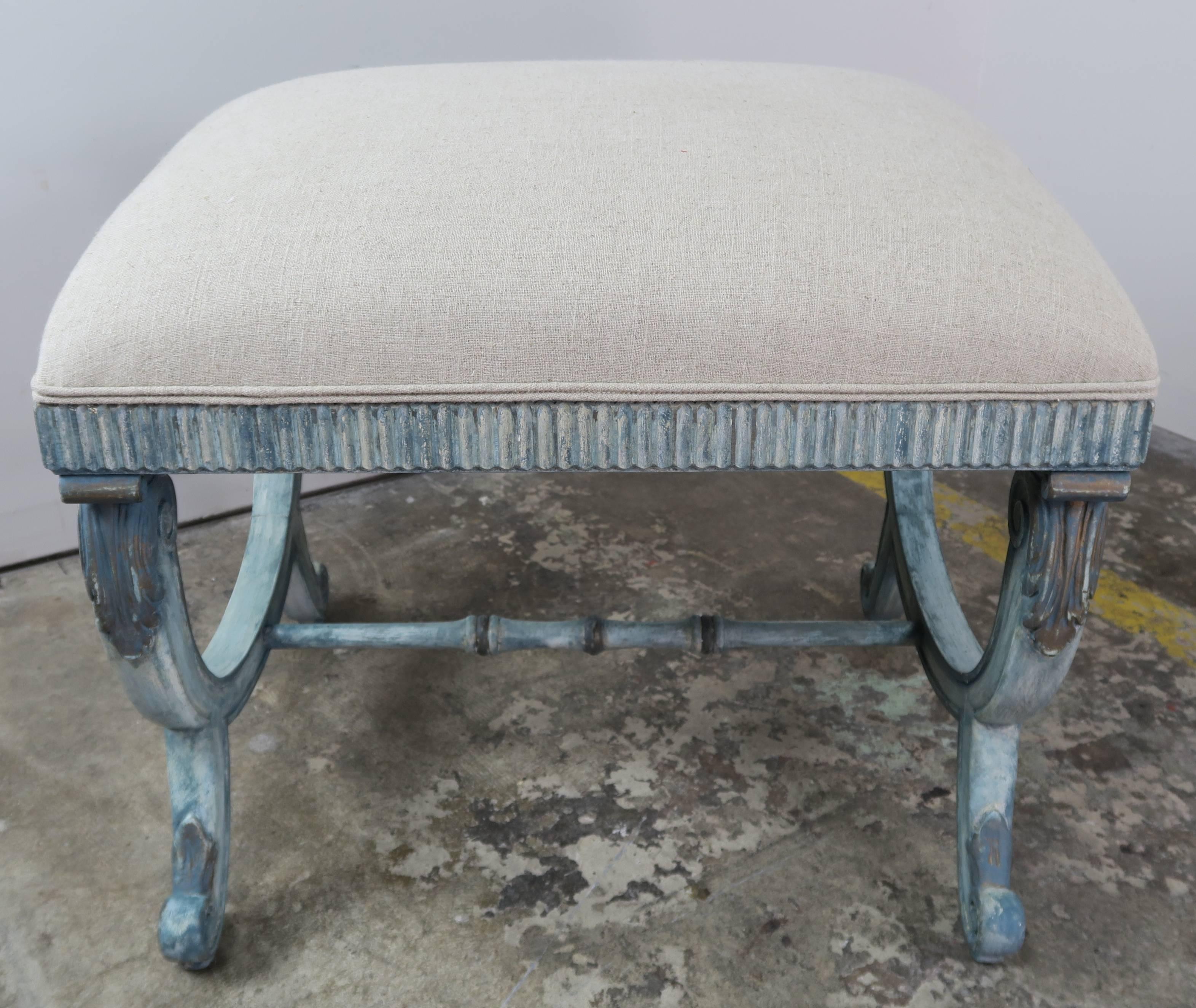 French Painted Blue Upholstered "X" Bench at 1stDibs | blue x bench