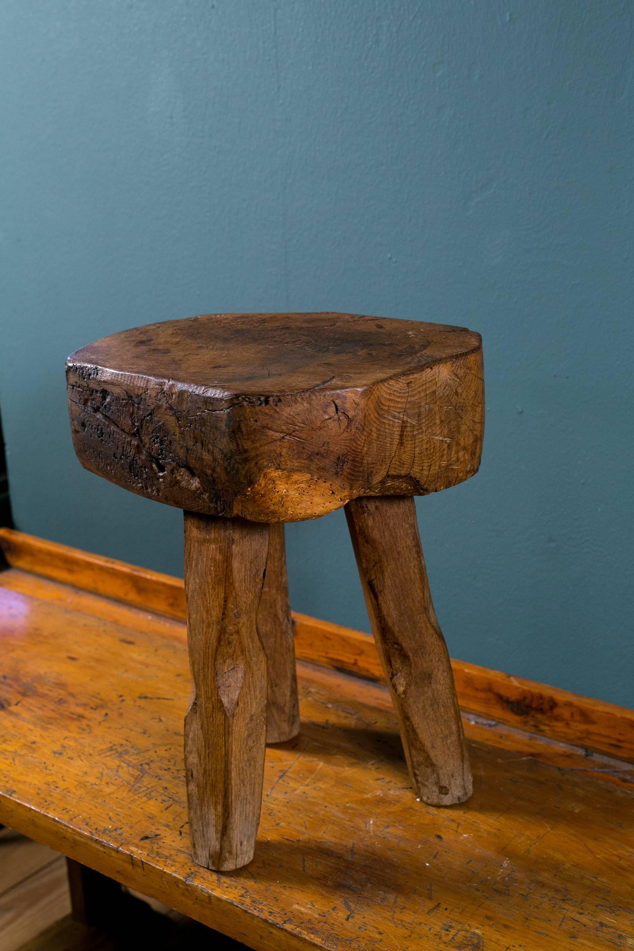 Primitive and Rustic Hand-Carved Wooden Stool or Side Table with Three ...