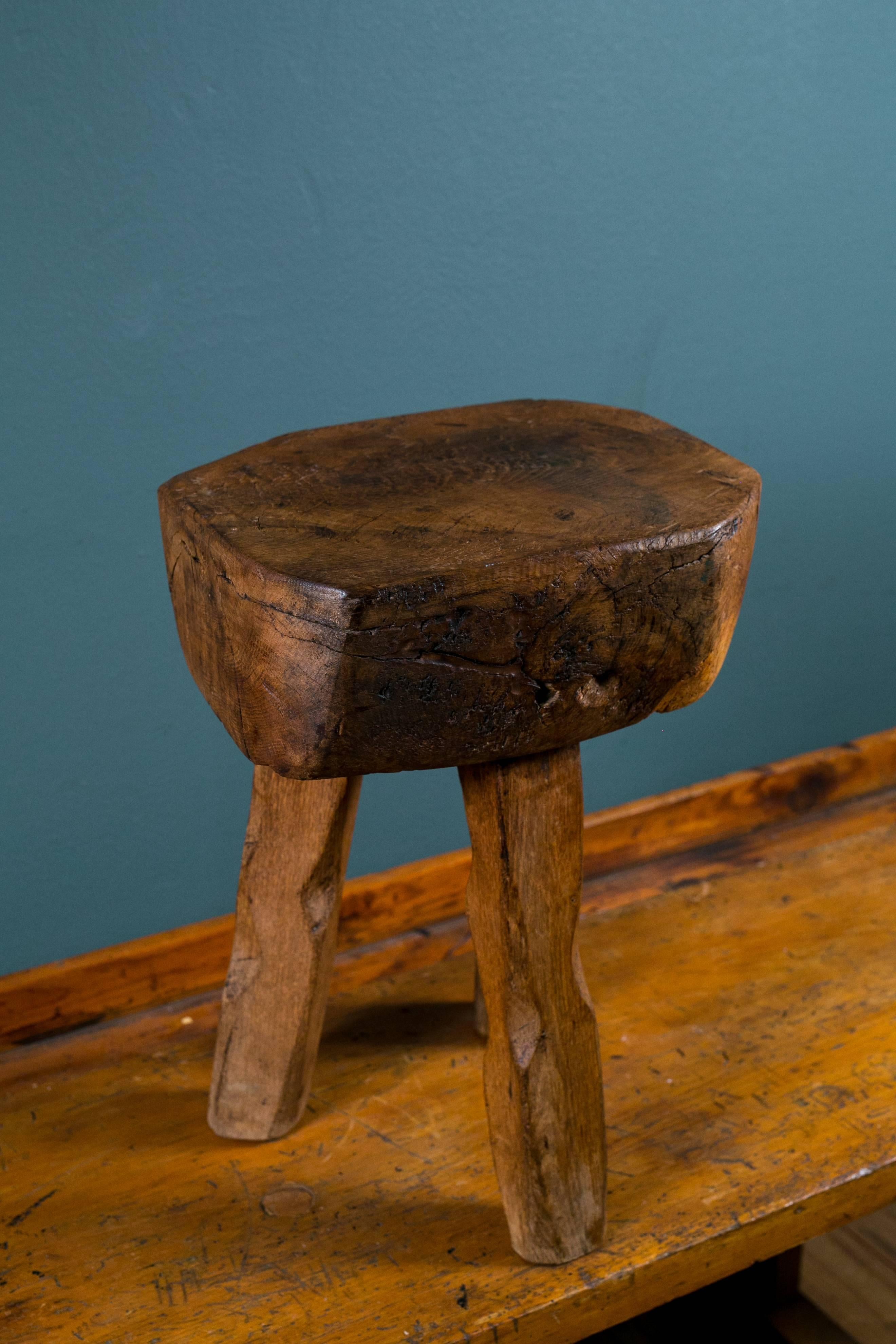 Primitive and Rustic Hand-Carved Wooden Stool or Side Table with Three ...