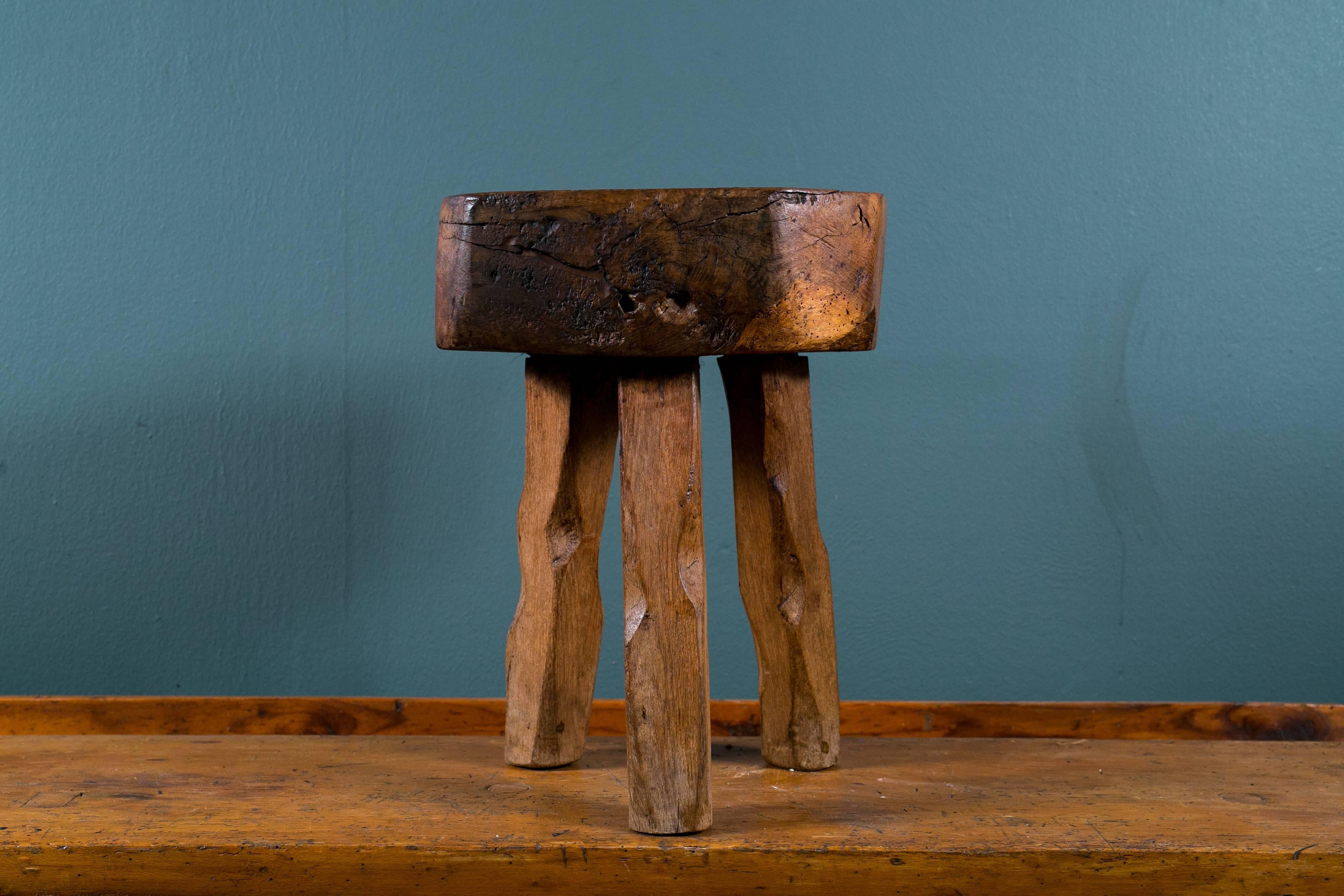 Primitive and Rustic Hand-Carved Wooden Stool or Side Table with Three ...