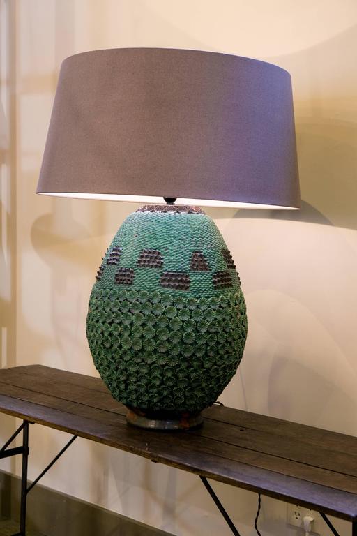One of a Kind, Large Handmade Mexican Pottery Lamp with Belgian Linen ...