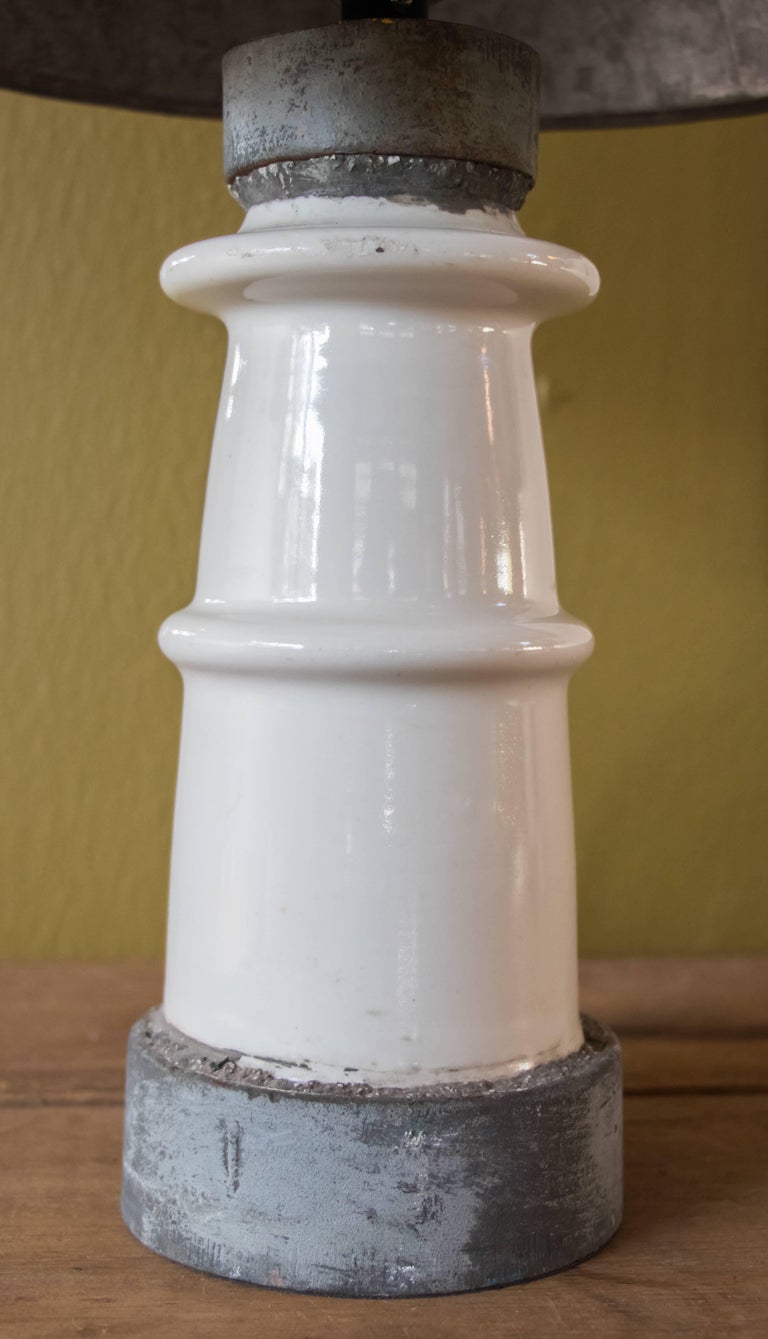 Pair of White Belgian Ceramic Table Lamps with Galvanized Shades, circa ...