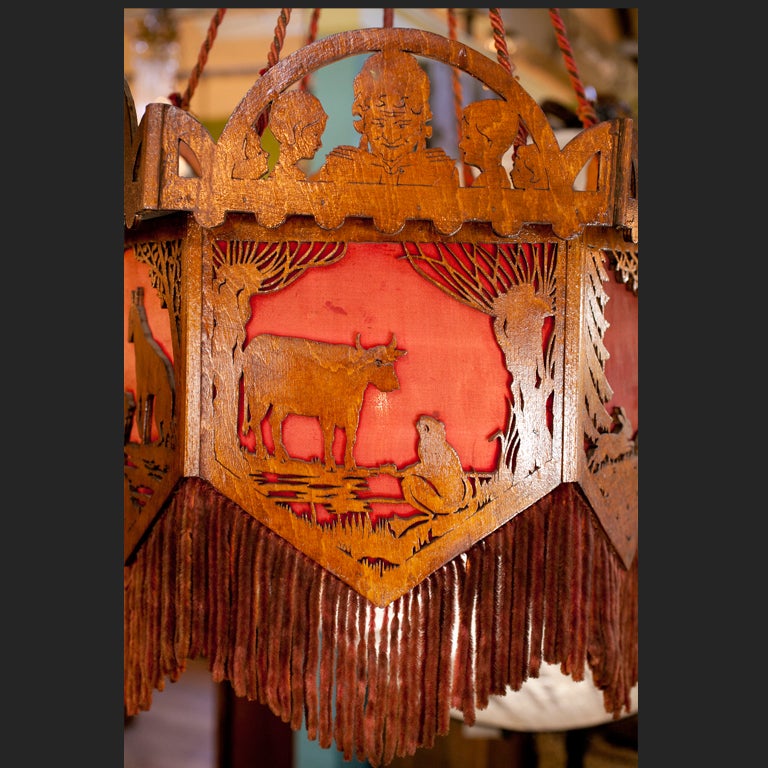 Curious Arts and Crafts Handmade Wood, Fabric and Fringe Pendant, circa ...