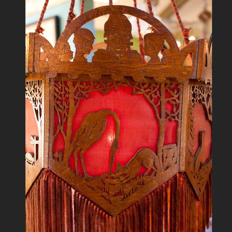 Curious Arts and Crafts Handmade Wood, Fabric and Fringe Pendant, circa ...